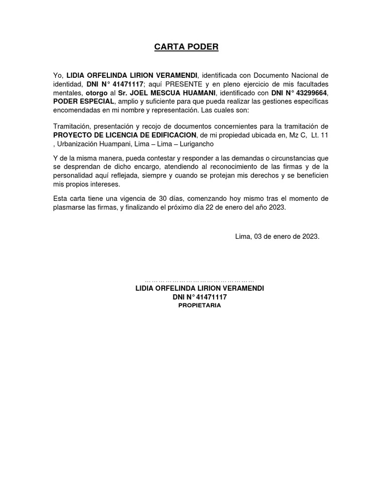 Carta Poder Joel Declaratoria Fabrica | PDF
