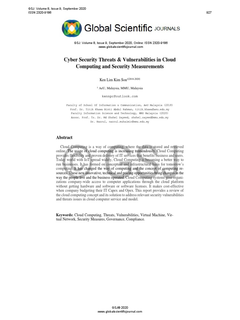 Cyber Security Threats and Vulnerabilities in Cloud Computing and Security Measurements | PDF ...