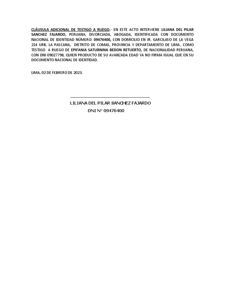 Cláusula Adicional de Testigo A Ruego Firma Diferente Al Dni Por ...