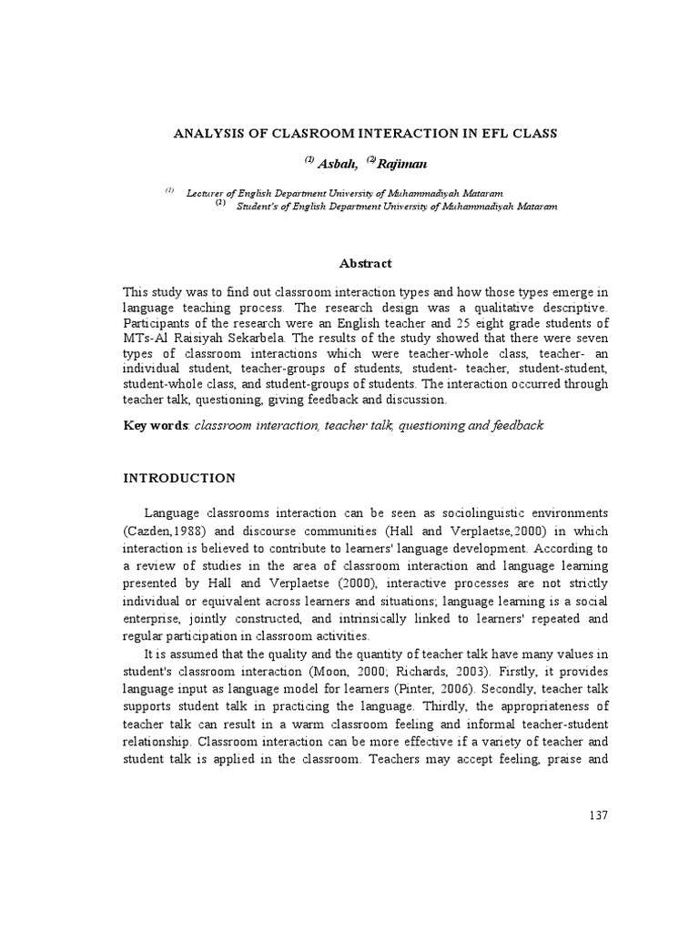 Analysis of Classroom Interaction in Efl Class | PDF | Teachers ...