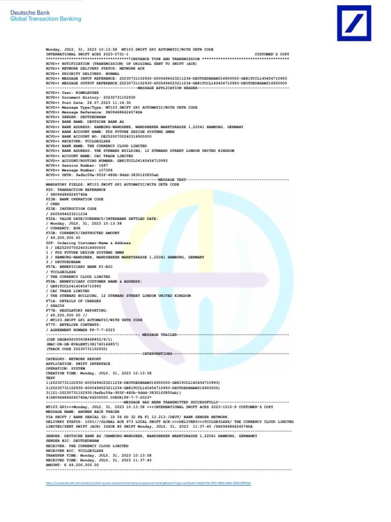 Swift Gpi DB Bank Ag 31072023 49200 | Download Free PDF | Transmission Control Protocol | Payments