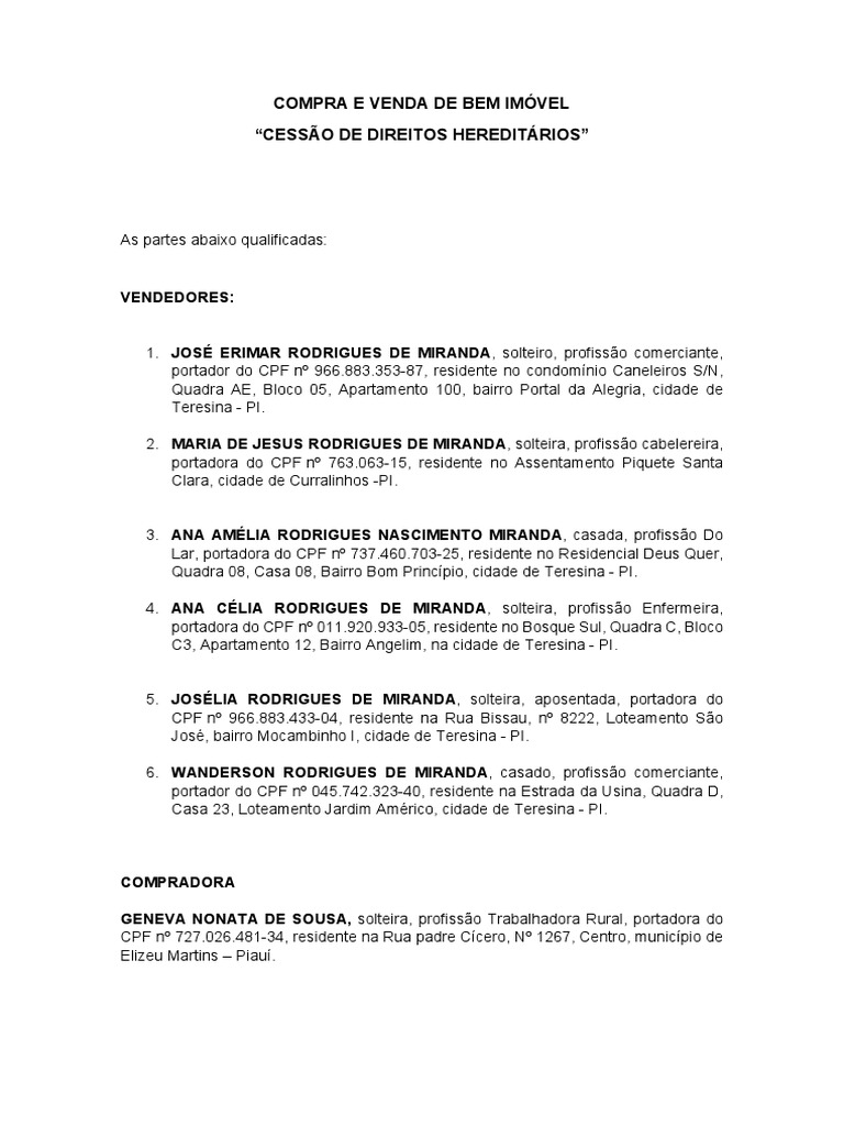 Cessão Hereditária De Imóvel Compra E Venda Pdf Princípios éticos