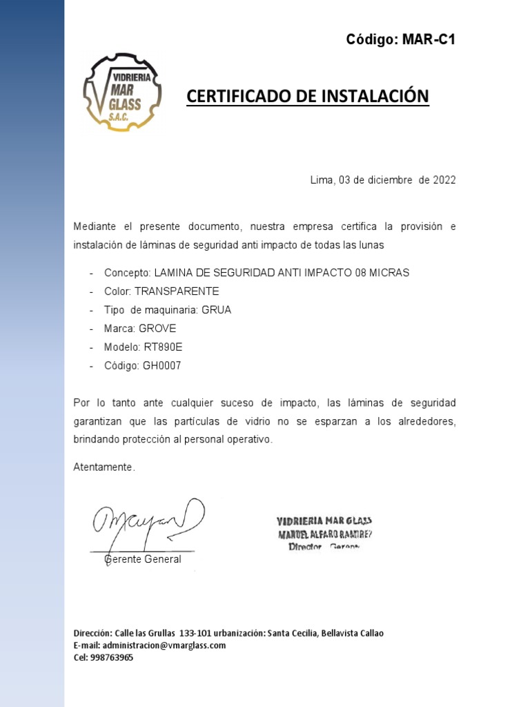 Certificado de Instalación de Lamina | PDF