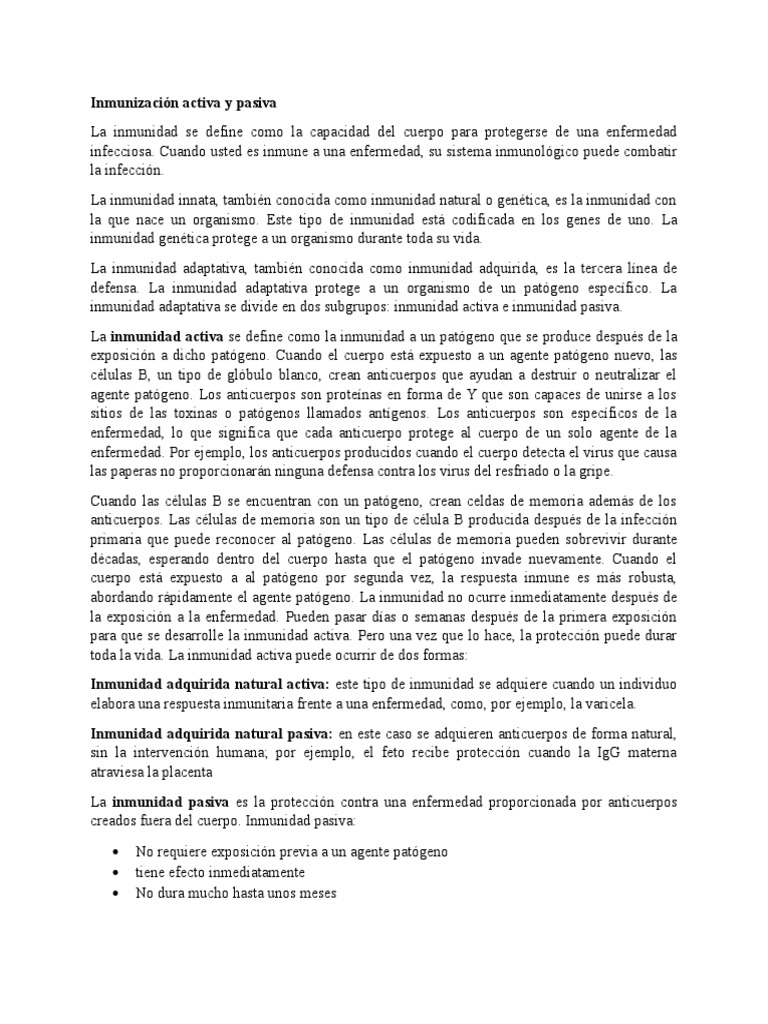 Inmunizacion Activa y Pasiva | PDF | Sistema inmune | Anticuerpo