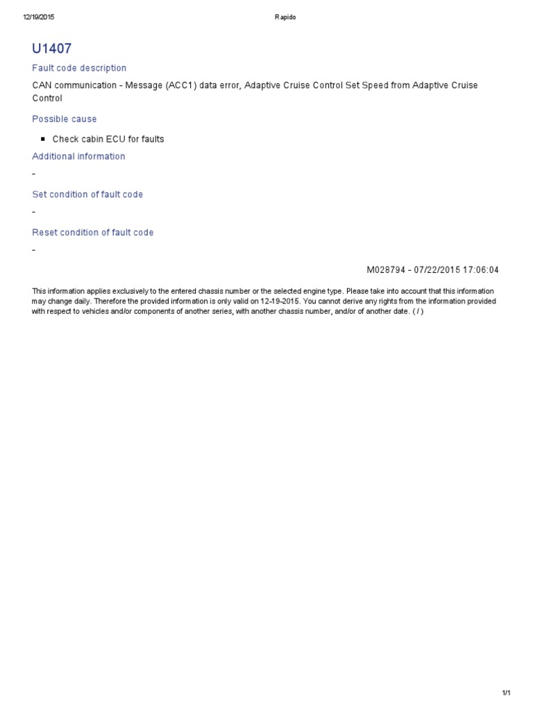 CAN Communication - Message (ACC1) Data Error, Adaptive Cruise Control ...