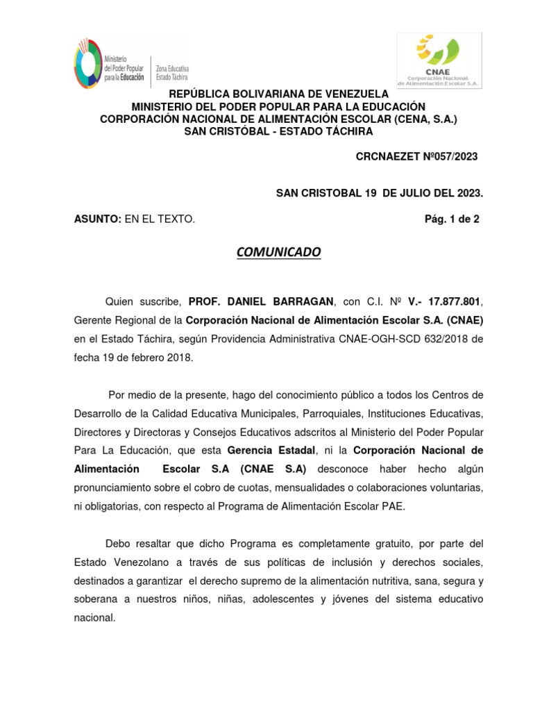 Comunicado N°057 Pae Cnae | PDF | Venezuela | Ciencias Políticas