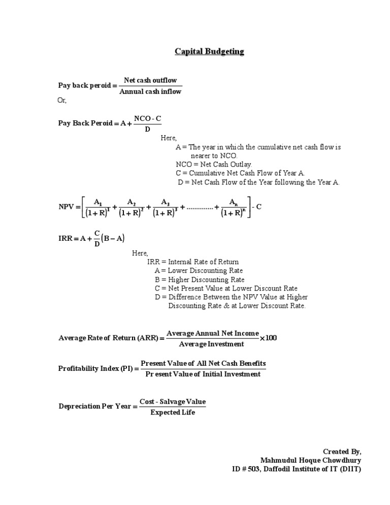 Formulas Capital Budgeting | PDF | Net Present Value | Capital Budgeting