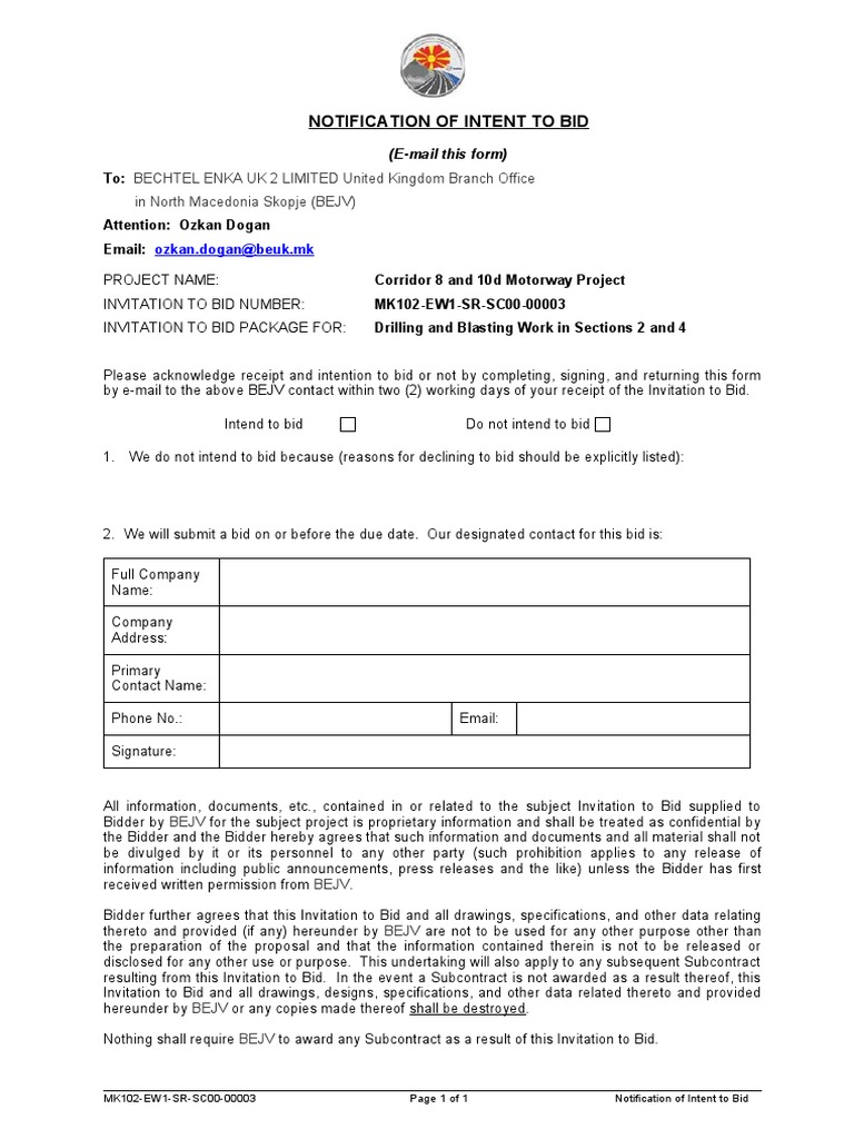 Intent to Bid Notification Form | PDF | Justice | Crime & Violence