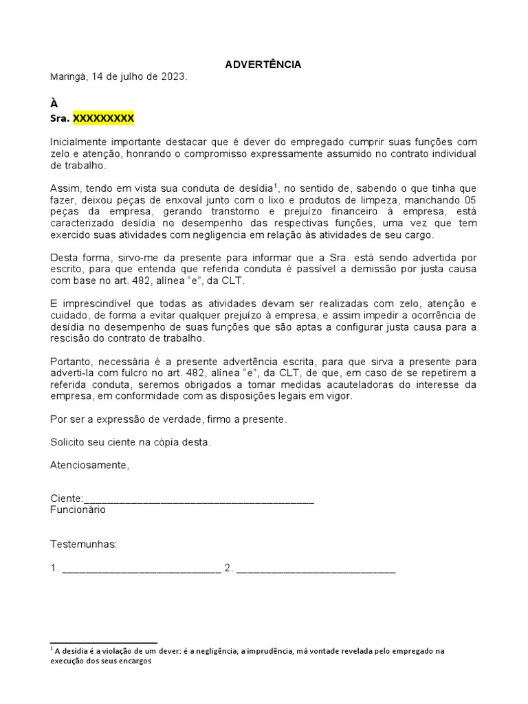 Modelo Advertencia Trabalhista Desídia Pdf