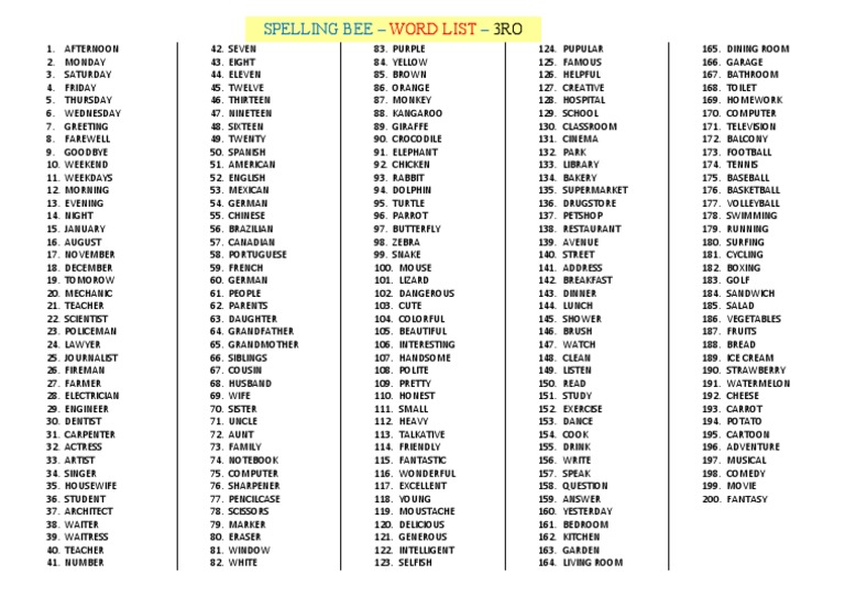 SPELLING BEE -WORD LIST 3RO- 2023 | PDF | Cuisine | Foods