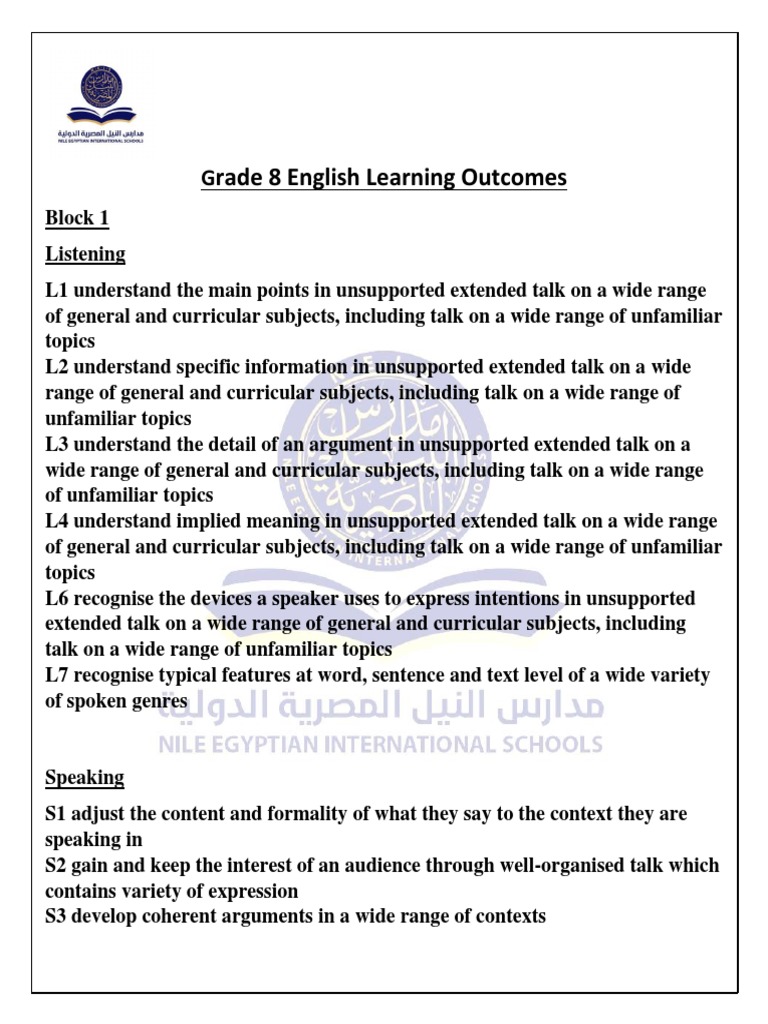 English - Grade 8 Learning Outcomes | PDF | Vocabulary | Applied ...