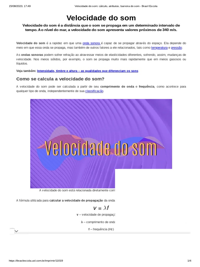 Velocidade Do Som - Cálculo, Atributos, Barreira Do Som - Brasil Escola | PDF | Som | Ondas