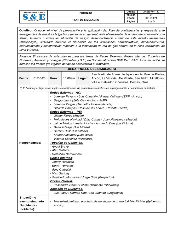GHSE-For-140 - V01 Plan de Simulacro de Sismo y Evacuación (Multipeligro) - Todas Las Áreas ...