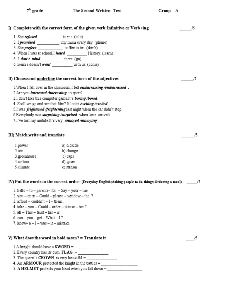 7th Grade - The Second Written Test - Group A-2023 | PDF | Syntax | Grammar