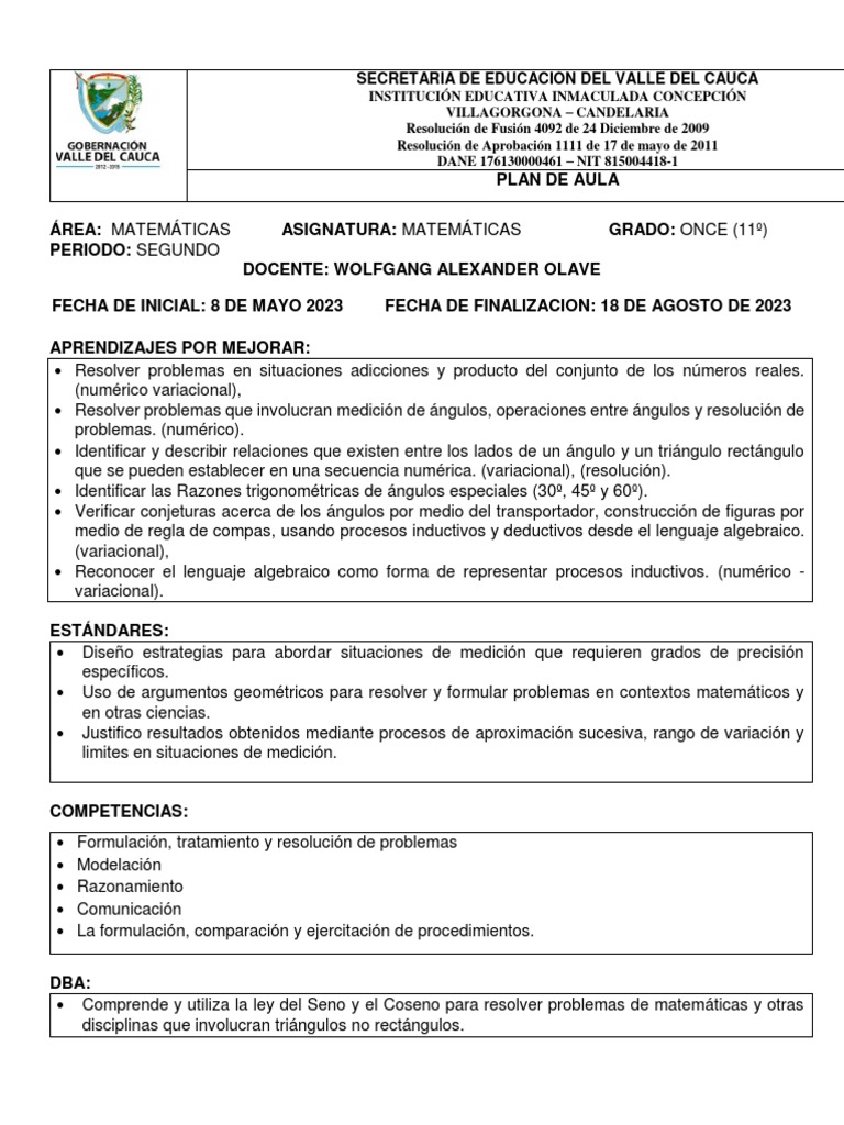 Plan de Área p2 2023 Once Cambio de Actividades | PDF | Triángulo | Funciones trigonométricas