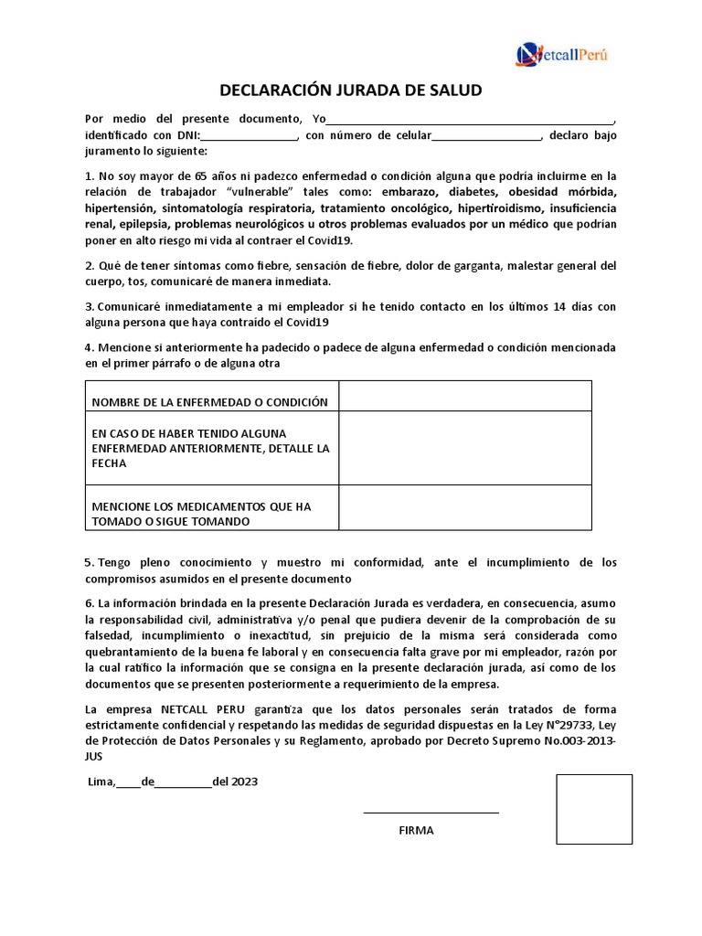 Declaración Jurada de Salud | PDF