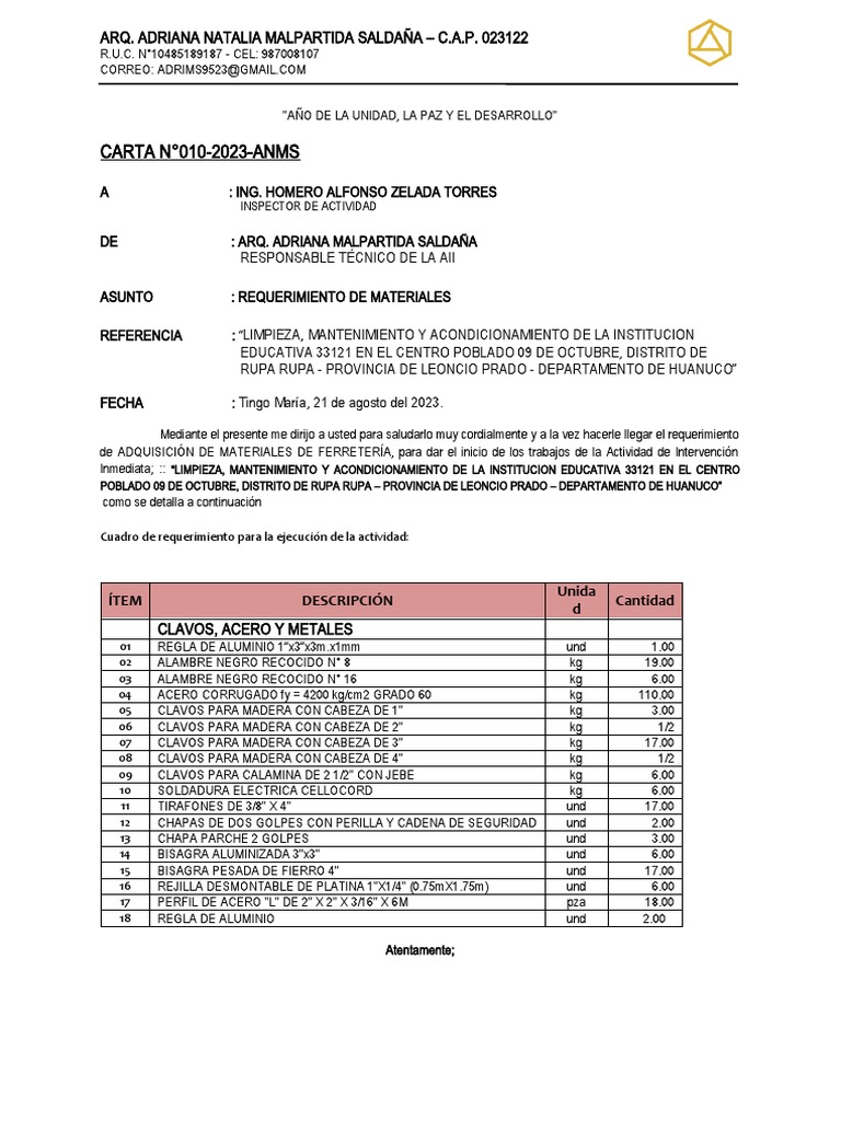 Carta N°010-2023-Anms-Rt-Requerimiento de Materiales | PDF | Ley común ...