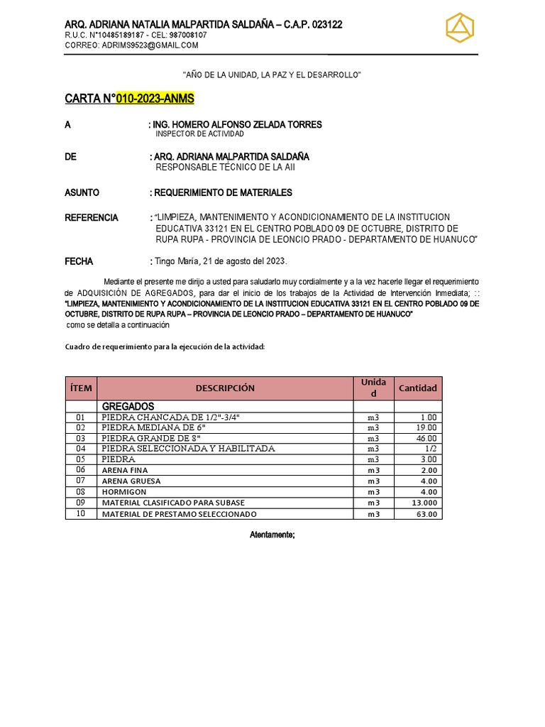 Carta N°016-2023-Anms-Rt-Requerimiento de Materiales | PDF