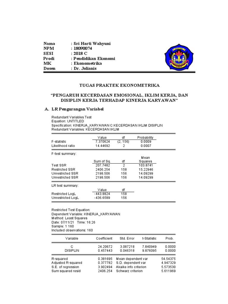 Hasil Uji Tgas EKonometrika FIX | PDF