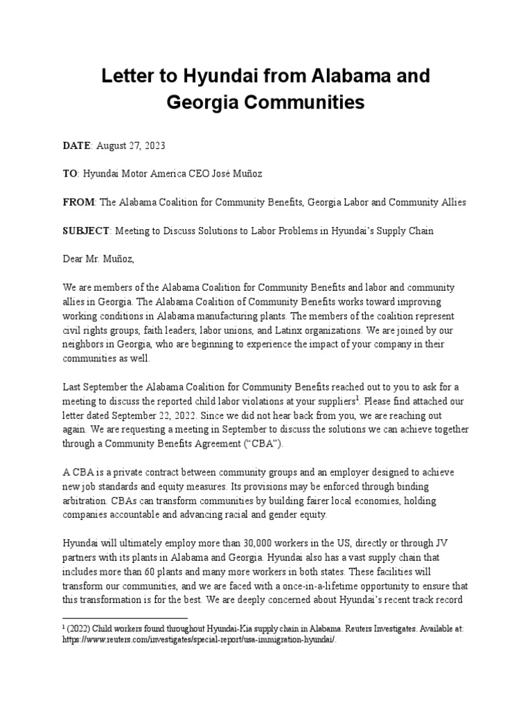 Coalition Letter To Hyundai Aug 27 2023 | PDF | Supply Chain ...