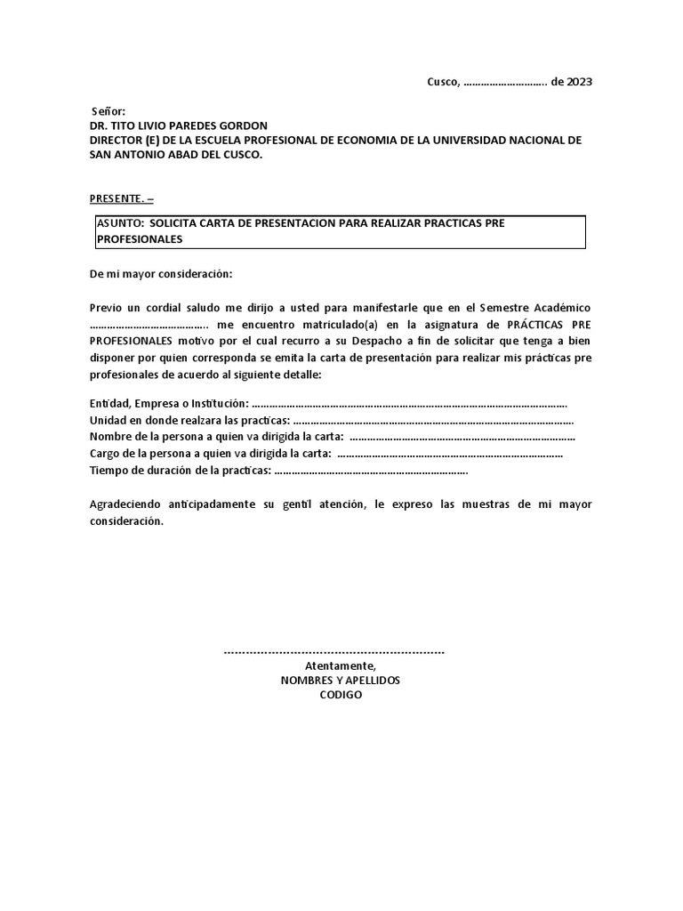 Modelo Solicitud Carta de Presentación PPP | PDF