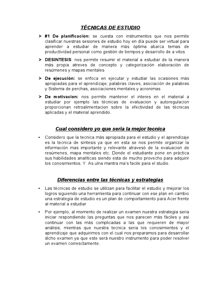Técnicas de Estudio | PDF | Habilidades de estudio | Aprendizaje