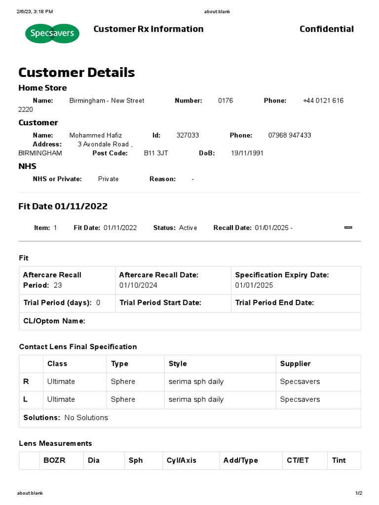 Specsavers Prescription | PDF