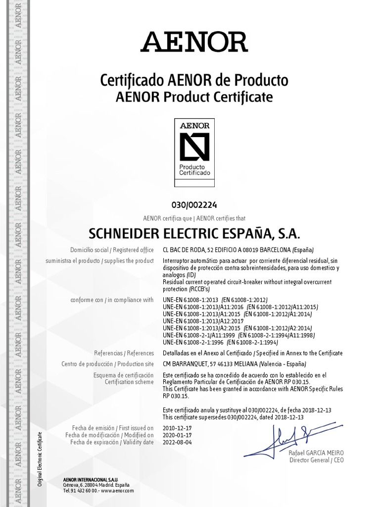 AENOR - 030-002224 - RCCB iID Type AC | PDF | España | Organización ...