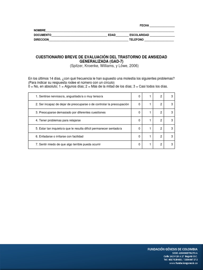 Cuestionario GAD-7 de Ansiedad Generalizada | PDF | Trastorno de ...