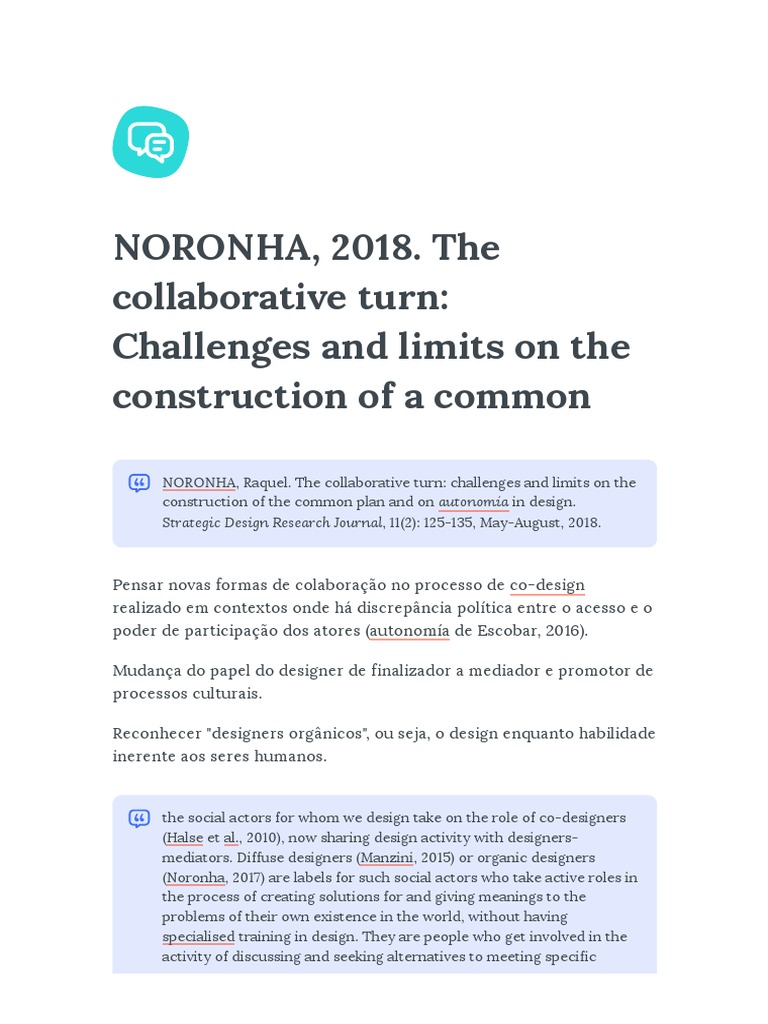 NORONHA, 2018. The Collaborative Turn: Challenges and Limits On The Construction of A Common ...