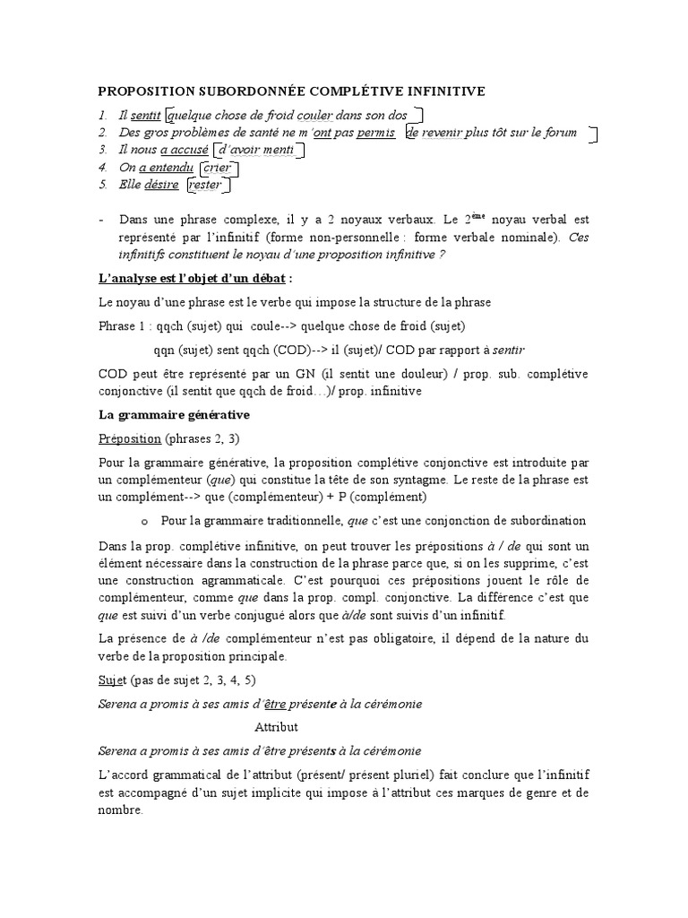 Proposition Subordonnée Complétive Infinitive | PDF | Sujet (Grammaire ...