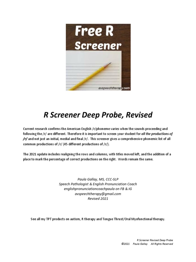 R Screener Deep Probe, Revised | PDF | Human Voice | Phonology