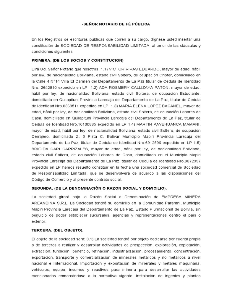 Minuta de Constitucion S.R.L. | PDF | Minería | Sociedad