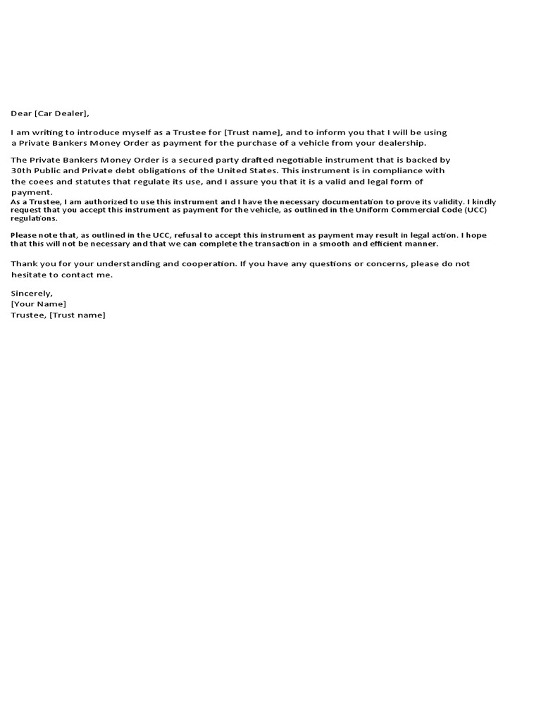 Payment via Private Bankers Money Order | PDF