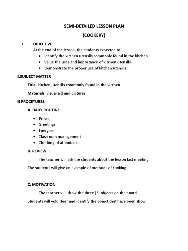 Cookery Semi-Detailed Lesson Plan | Download Free PDF | Kitchen Utensil ...