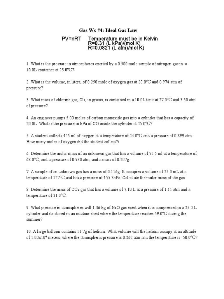 Gas Ws #4 - Ideal Gas Law | PDF