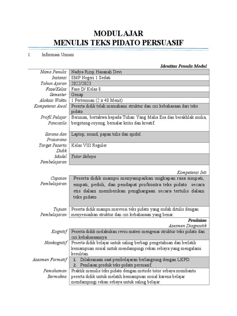 Modul Ajar Teks Pidato Persuasif Tutor Sebaya | PDF | Seni & Disiplin Bahasa