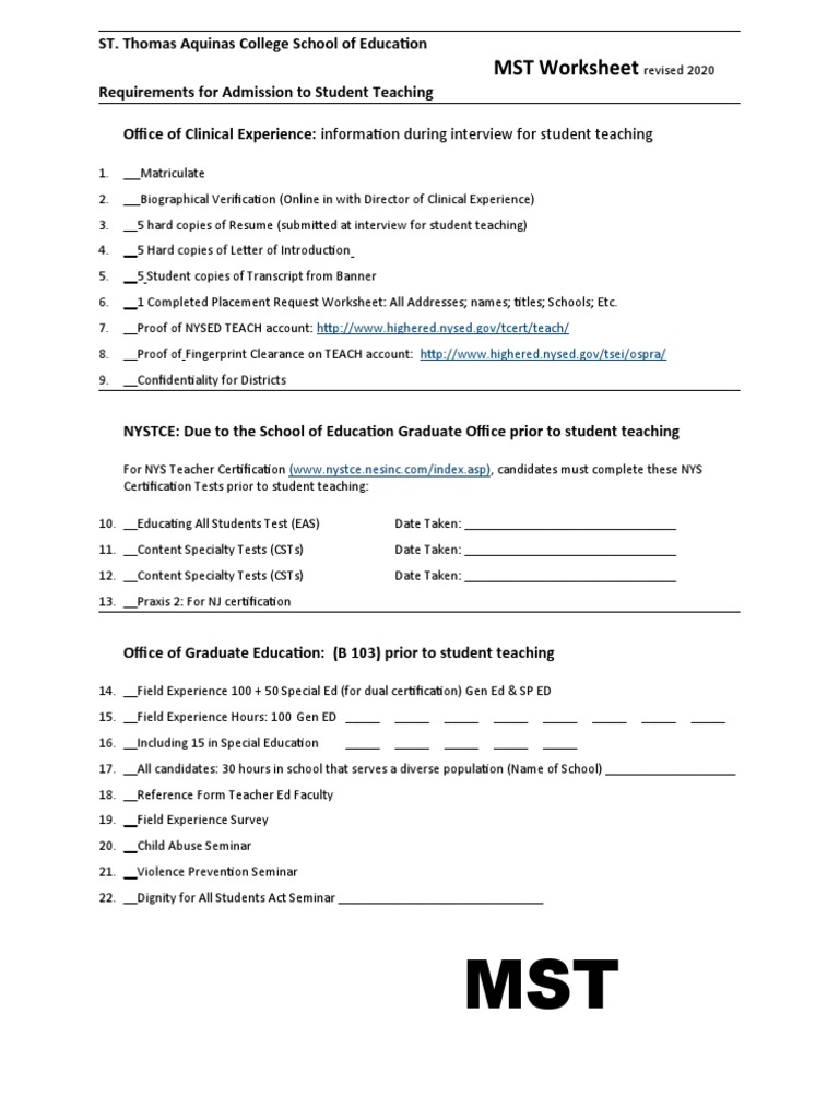 MST Worksheet - Requirements For Admissions To Student Teaching | PDF