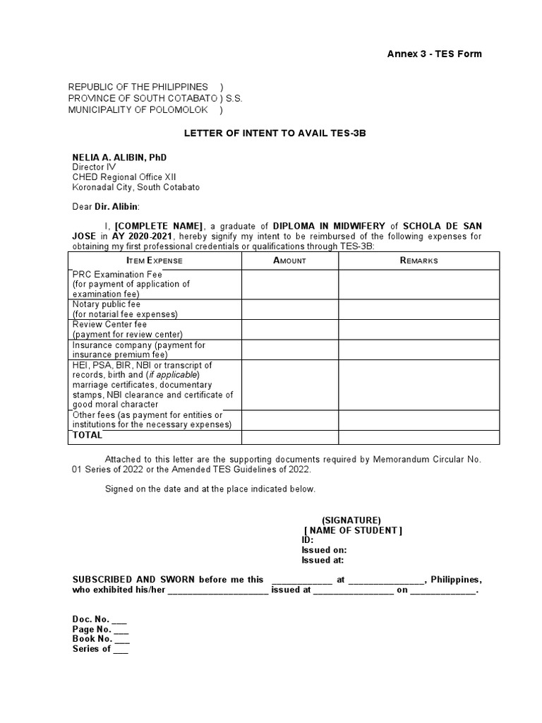 Annex 3 Letter of Availment For TES 3B 2.14.23 | PDF