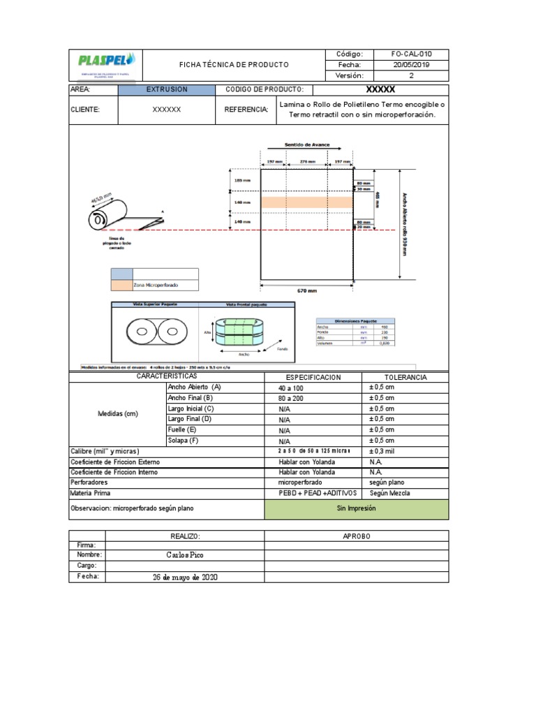 Ficha Tecnica Lamina o Rollo de Polietileno Termo Encogible o Termo Retractil Con o Sin ...