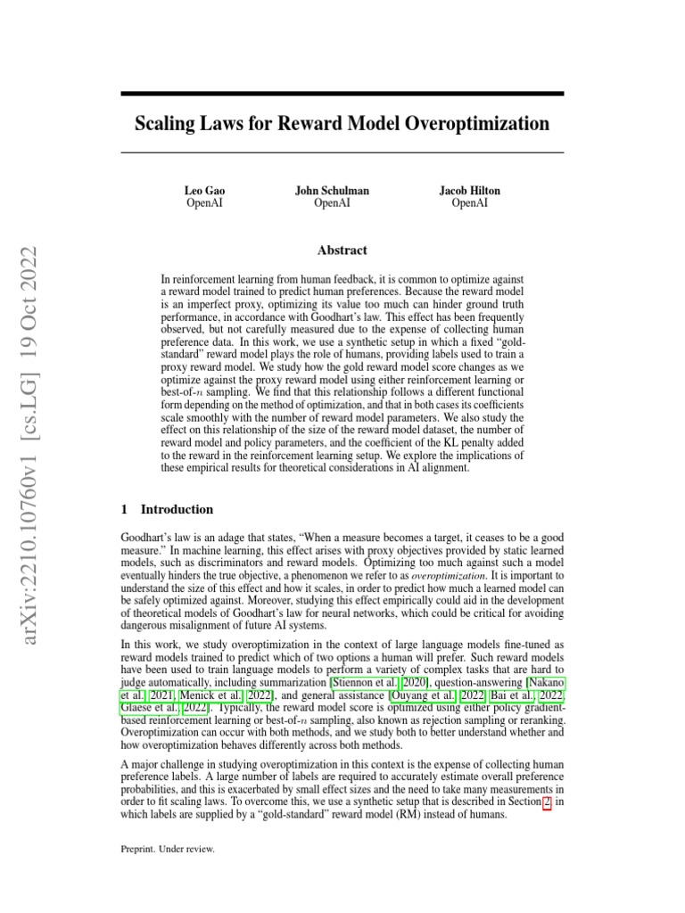 Scaling Laws For Reward Model Overoptimization: Preprint. Under Review | PDF | Estimator ...