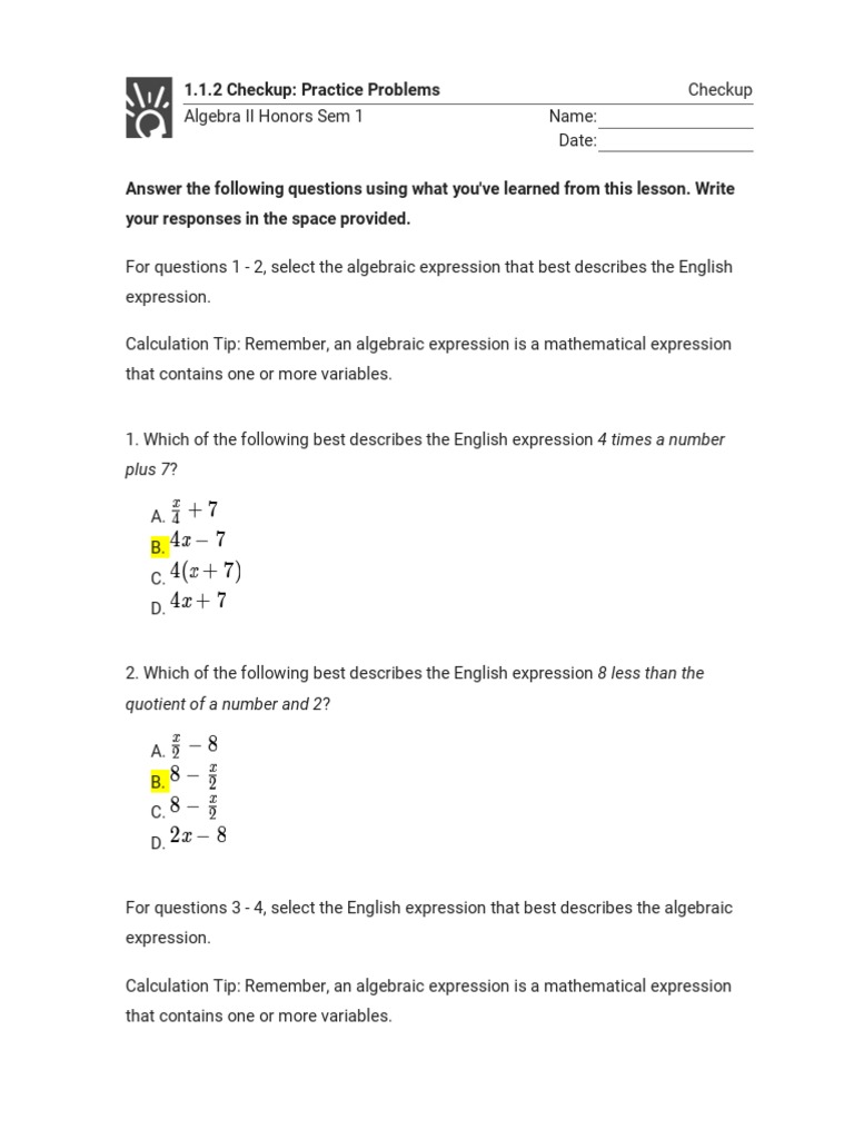 1.1.2 Checkup - Practice Problems (Checkup) | PDF | Numbers | Variable ...