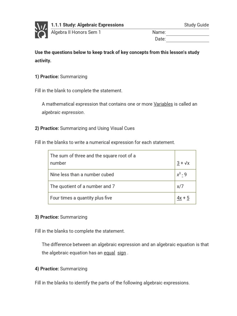 1.1.1 Study - Algebraic Expressions (Study Guide) | Download Free PDF ...