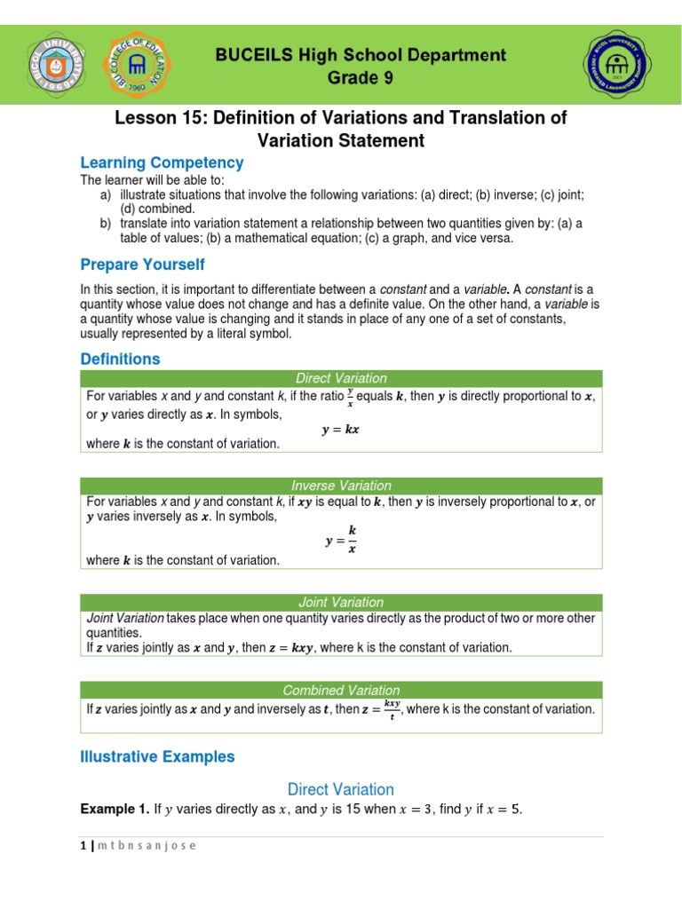 Lesson 15 Definition and Translation of Variation Statement | PDF | Variable (Mathematics ...