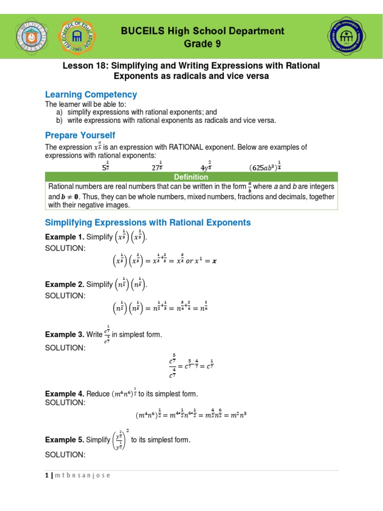 Lesson 18 Simplifying and Writing Expressions With Rational Exponents ... Lesson 18 Simplifying and Writing Expressions With Rational Exponents ...