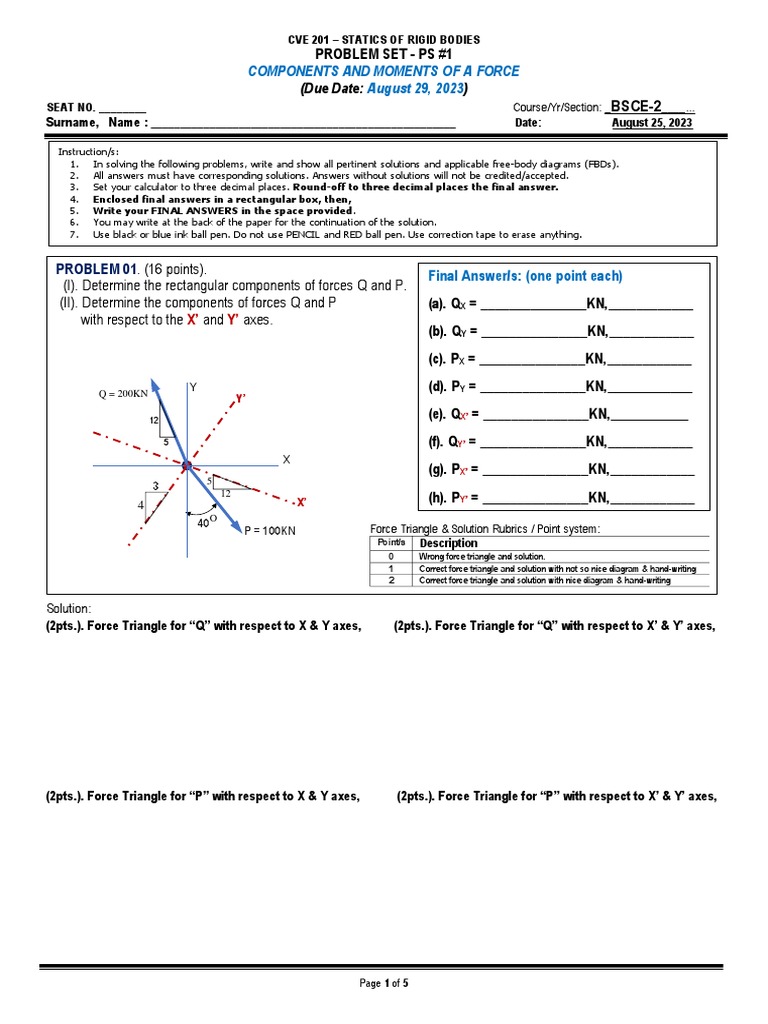 ProblemSet - PS1 CVE201 Components Moments of A Force | PDF | Force | Classical Mechanics