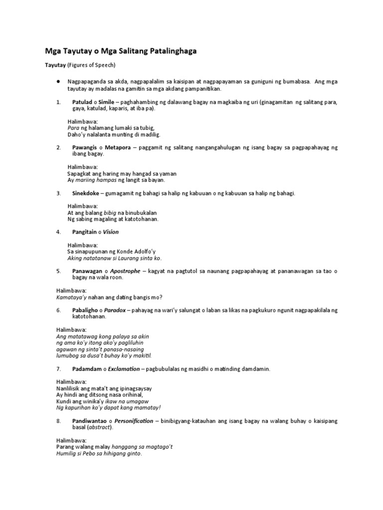 Mga Tayutay o Mga Salitang Patalinghaga Credit to the Rightful Owner | PDF