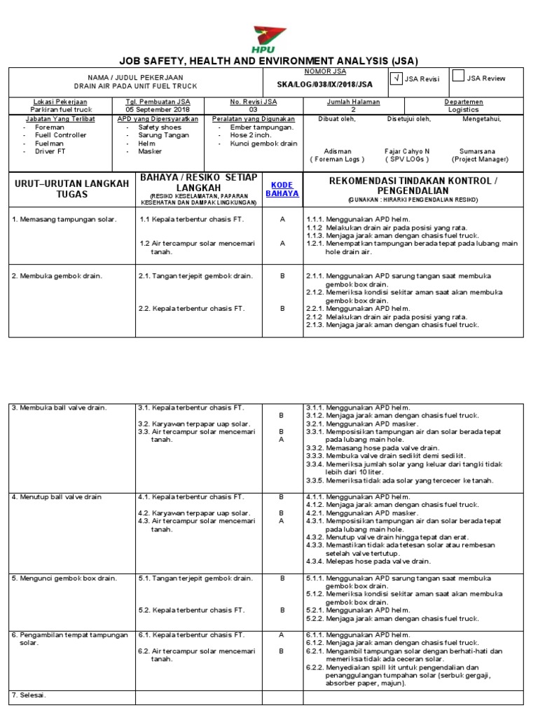 JSA 38. Drain Air Pada Unit Fuel Truck | PDF