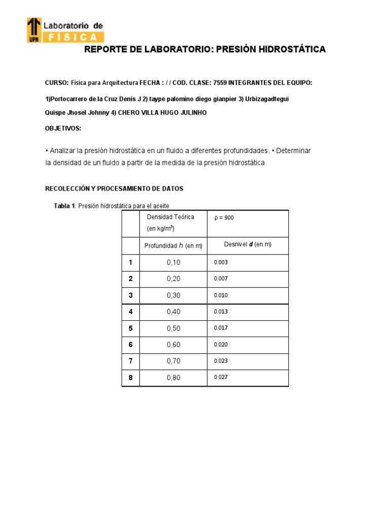Reporte Lab Fisiarq S13 Prehidro | PDF | Líquidos | Presión