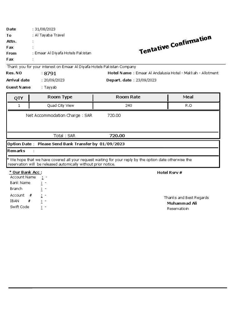 Tentative Confirmation: Meal Room Type QTY Room Rate | PDF